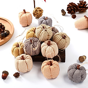 Hiboom 12 Pcs Farmhouse Fall Thanksgiving Decor Plaid Fabric Acorns Pumpkin Hanging Ornaments Autumn Tray Table Decor Thanksgiving Tree Decoration (Pumpkin)