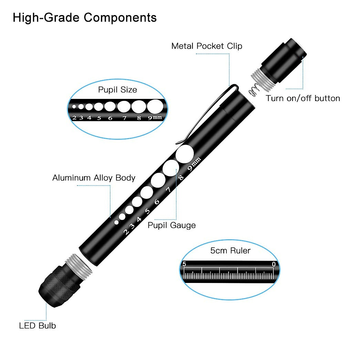 Opoway Pen Light Nurse Pen Light Medical Pen Lights with Pupil Gauge for Nurses Doctors Nursing Students 2pcs Black with Batteries(2 Replacement Warm Light Bulbs Included)