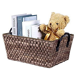 MyGift Woven Brown Wicker Handled Storage Basket with Decorative Striped Fabric Liner, Rectangular Open Organization Basket Bin for Nursery, Magazines Pet Toys, Media and Small Household Items