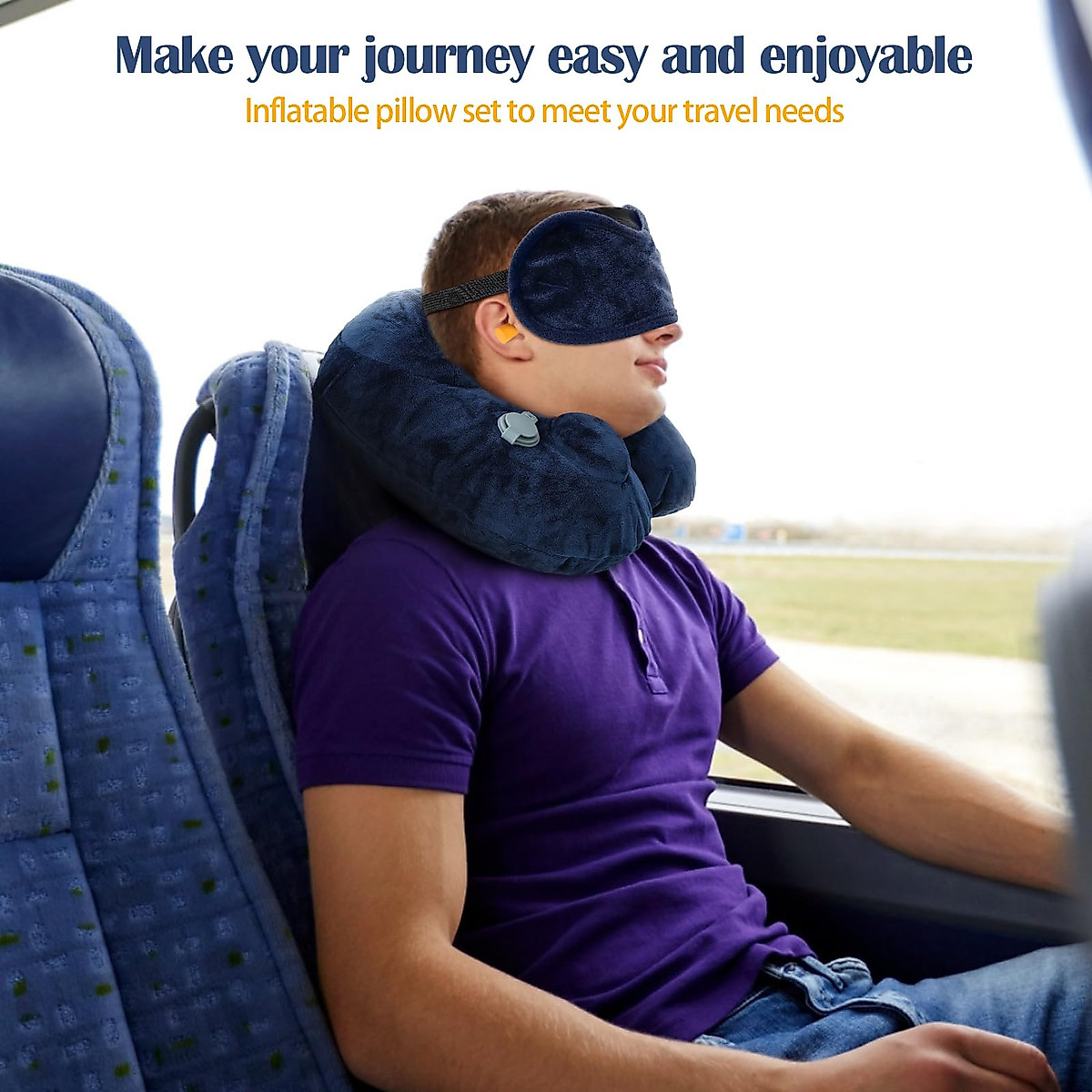 Self-Inflatable Travel Pillow with Eye Mask Earplugs Compact Bag, Inflatable Neck Pillow Support for Sleeping and Traveling, Airplane Pillow for Long Flight, Neck Cushion for Car Home Office Train