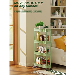 LEHOM 5.3" Slim Storage Cart - 4 Tiers Bathroom Organizer Mobile Shelving Unit Storage Rolling Utility Cart Slide Out Organizer for Kitchen Bathroom Laundry Narrow Places, Green