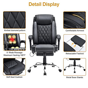 HOMREST 6-Point Massage Office Chair,Heated Executive Chair,Ergonomic Home Office Desk Chair,PU Leather with Retractable Footrest,Adjustable Armrest & Head Support(Black)