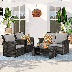 May in Color 4 Piece Patio Furniture Sets, All-Weather Patio Conversation Set Outdoor Wicker Sectional Sofa Chair with Cushion and Coffee Table, Grey
