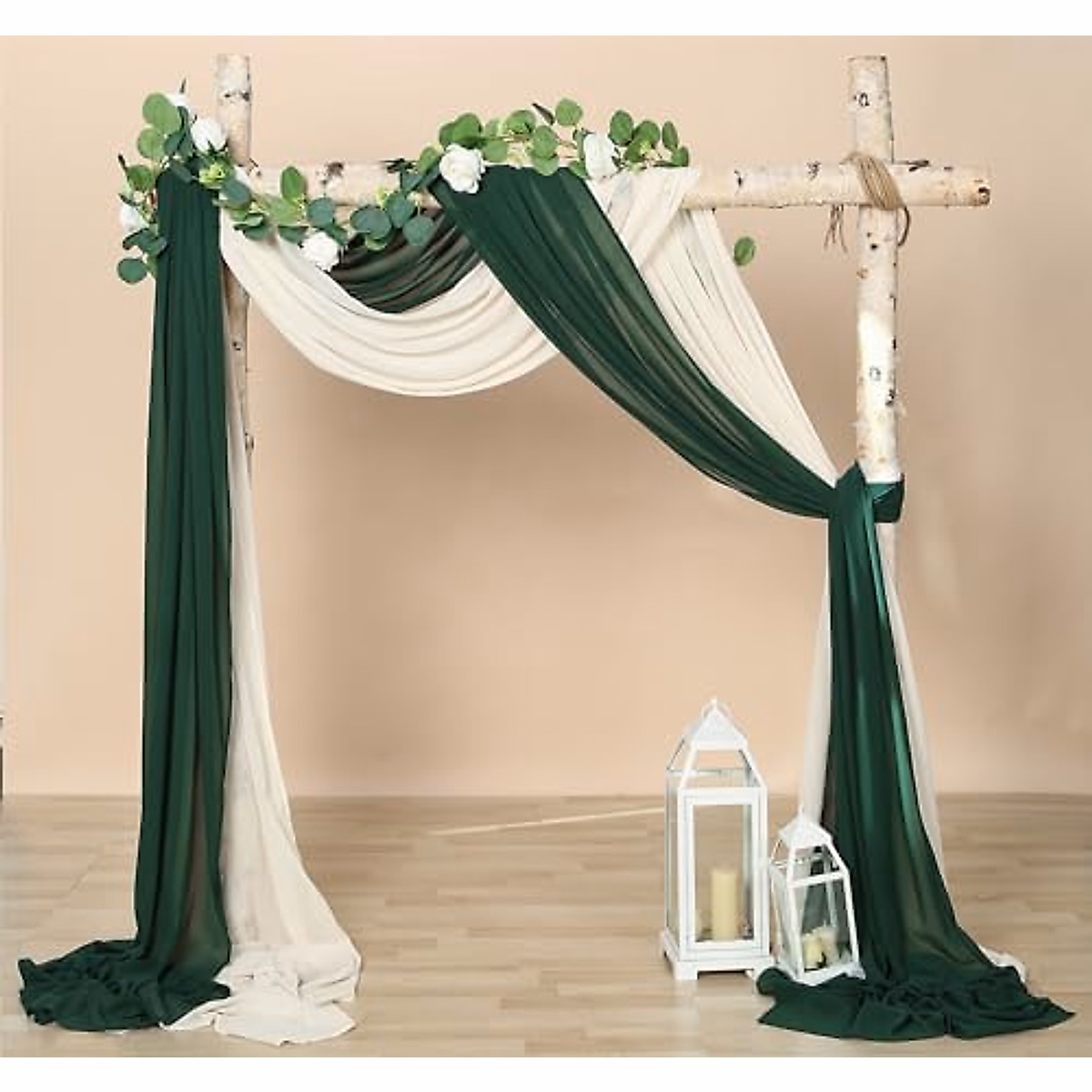 SHERWAY 2 Panels Chiffon Fabric Drapery Wedding Arch Drapes, Party Backdrop Curtain Panels, Ceremony Reception Swag Decoration (27 x 216 Inch, Hunter Green & Ivory)