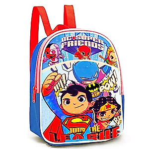 DC Shop Superman and Friends Mini Backpack Toddler Preschool Bundle with 11inch Justice League Featuring Superman, Batman, Wonder Woman, Flash, Aquaman, Cyborg, Stickers More Bag