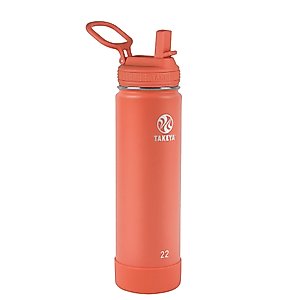 Takeya Actives Insulated Stainless Steel Water Bottle with Straw Lid, 22 Ounce, Coral