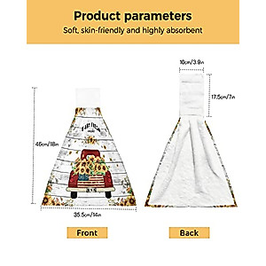 Rural Country Red Truck Yellow Blooming Sunflower and Bees Hanging Tie Towel for Kitchen Bathroom, 2 Pack Durable Absorbent Hand Towels Hangable Washing Cloths Home Cleaning Decor Wood Plank