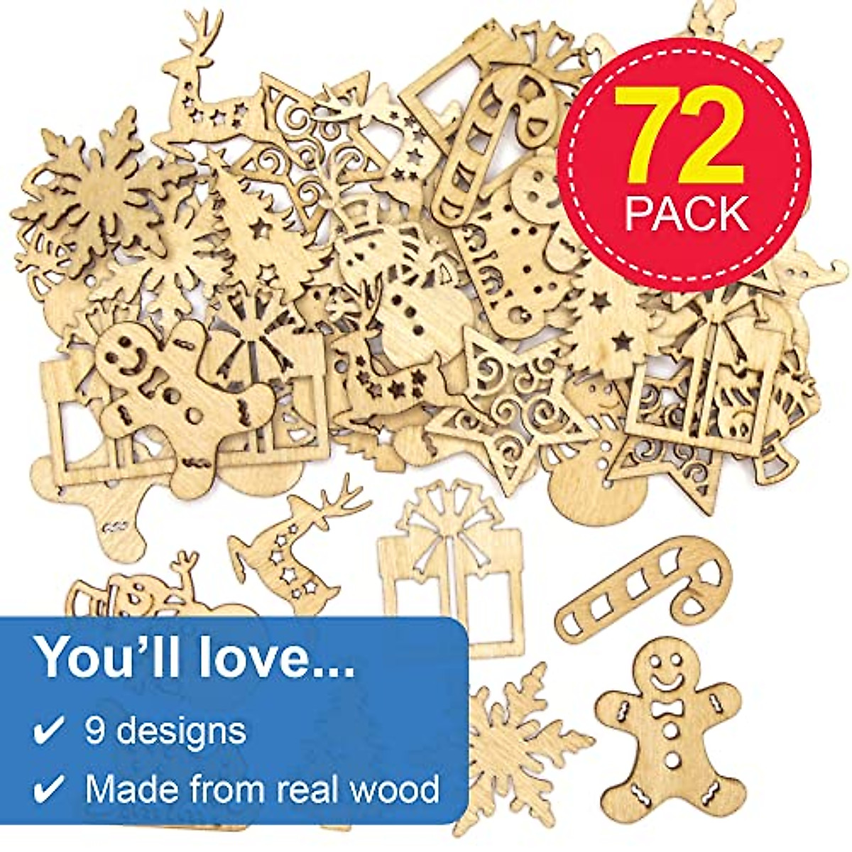 Baker Ross FE983 Christmas Mini Wooden Shapes - Pack of 72, Embellishments for Crafting, Craft Supplies for Children, Ideal for Kids Arts and Craft Projects