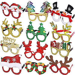 Max Fun 12Pcs Christmas Glasses Glitter Holiday Party Glasses Frames Christmas Decoration Accessories Costume Eyeglasses for Christmas Parties Holiday Favors (One Size Fits All)