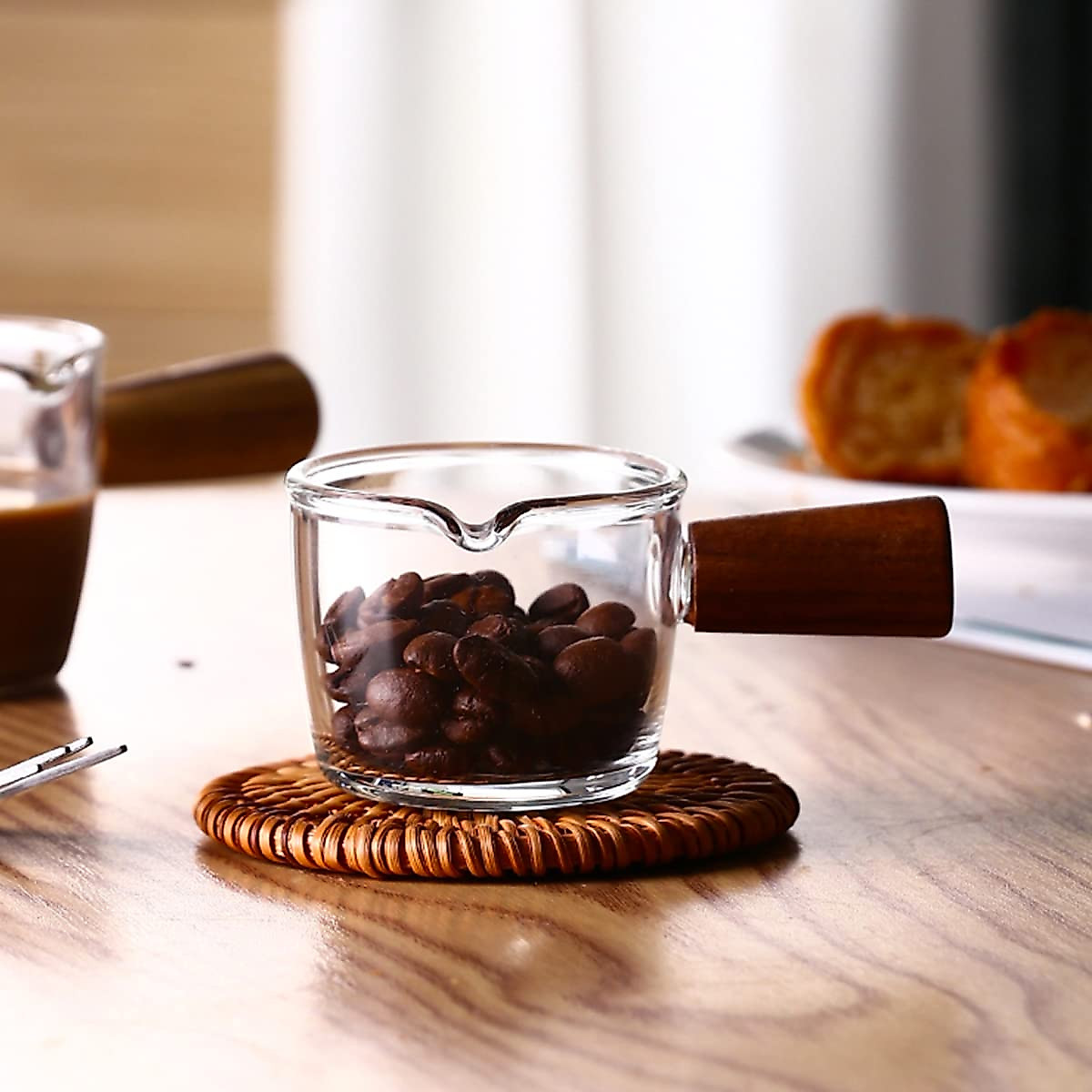 Single Spout Espresso Coffee Shot Glass with Wood Handle Measuring Cup Triple Pitcher Milk Cup Coffee Replacement Carafe for Barista Coffee Carafe Milk Espresso Making, 75 ml (1 Piece)