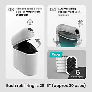 OPTIMUS TECHNOLOGY Automatic Trash Can Self Sealing and Self-Changing Smart Trash Can Motion Sensor Touchless Garbage can Kitchen Bathroom Office 6 Refill Bag Rings (Neos (6-Refill Bag))