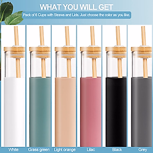 6 Pack Glass Tumblers with Bamboo Lid and Straw Reusable Iced Coffee Cups Smoothie Tumbler Aesthetic Travel Straw Cups Glass Water Bottle with Silicone Protective Sleeve and Brush (20 oz)