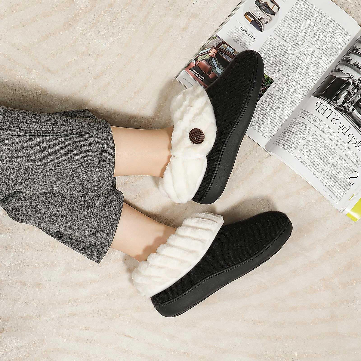 Wishcotton Women's Wool Cozy Memory Foam Winter Slippers Indoor Outdoor with Fuzzy Faux Fur Collar, Black, Size 9