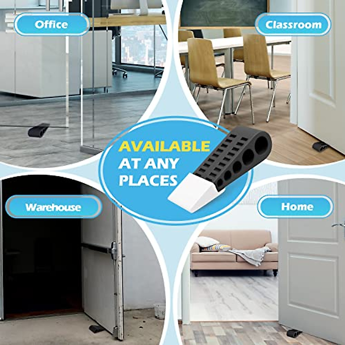 Rubber Door Stoppers for Bottom of Door - Door Stop Wedge with Holder for Home Office Stackable on Multi Floor Carpet Concrete Tile Linoleum & Wood Heavy Duty Doorstop No Sliding Drilling Black