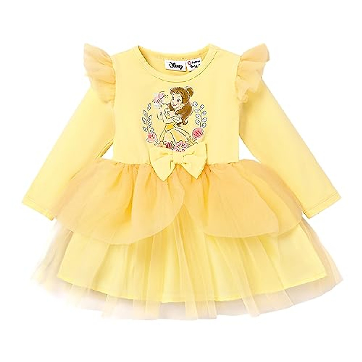 Disney Princess Belle Baby Girl Dress Tulle Tutu with Bow Long Sleeve Birthday Clothes Theme Party Dress Up Dresses Yellow 6-9 Months