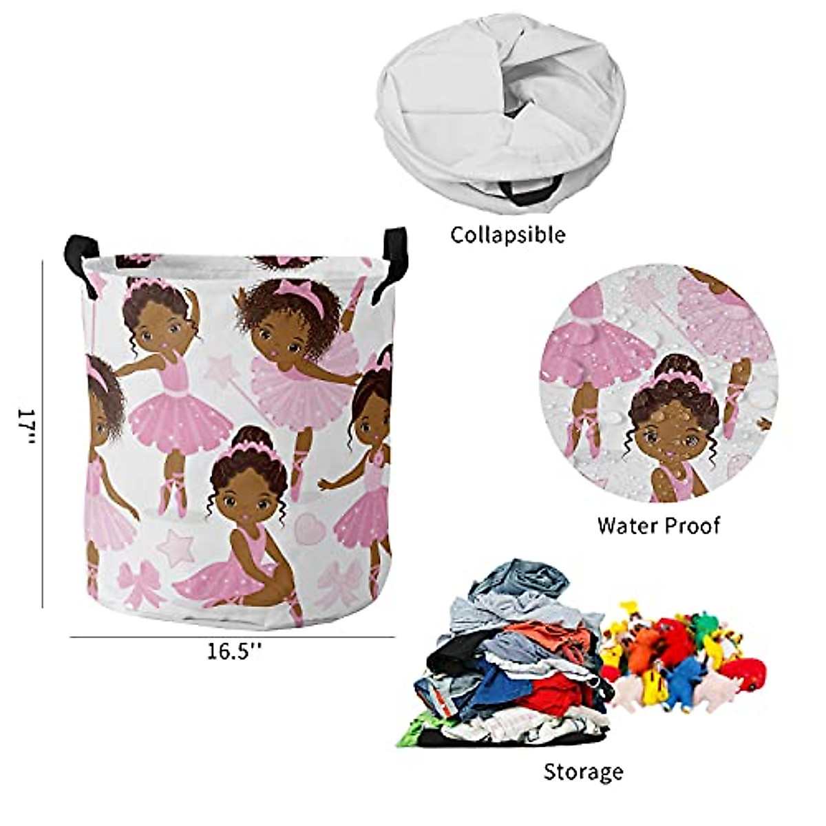 Laundry Basket African Black Girl Ballet Dance,Waterproof Collapsible Clothes Hamper Pink Skirt Star Bow,Large Storage Bag for Bedroom Bathroom