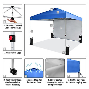 CROWN SHADES Canopy Tent, 10 x 10 Foot Portable Pop Up Outdoor Gazebo with 1 Sidewall, Easy 1 Push Center Lock, UV Protection, and Carry Bag, Blue