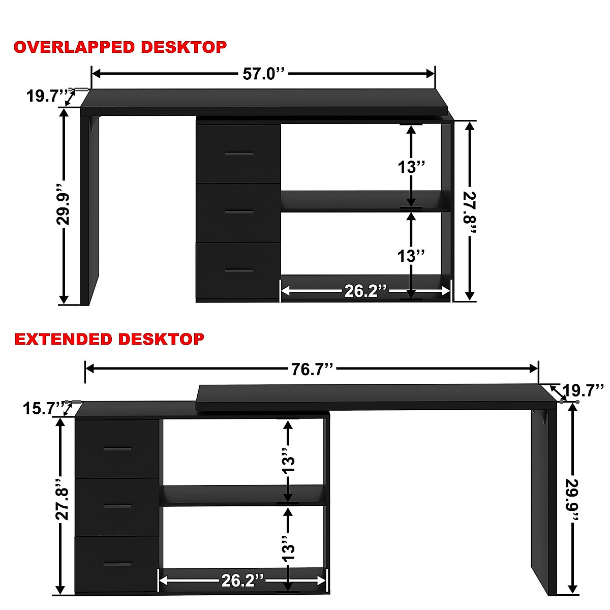HSH Black L Shaped Computer Desk with Drawers, L Shaped Home Office Desk with Storage Cabinet Shelves, Reversible Corner Wood Writing Desk for Executive Work Study,Large Bedroom Computer Table,55 Inch