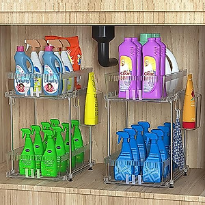 NIHEHAG 2 Tier Clear Under the Sink Organizer-Slide-Out Bathroom Cabinet Organizer With Hook/Cup/Dividers Acrylic Under Bathroom Sink Organizer and Storage for Medicine, Kitchen, Pantry, Cabinet