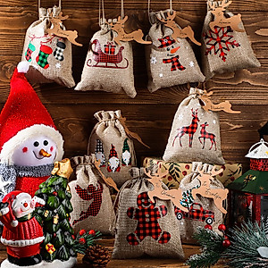 24 Pieces Christmas Burlap Gift Bags Christmas Treat Bags with Drawstrings Small Christmas Gift Goody Bags for Xmas Holiday New Year Party Favors Supplies, 12 Designs (7 x 5 Inch,Rustic Style)