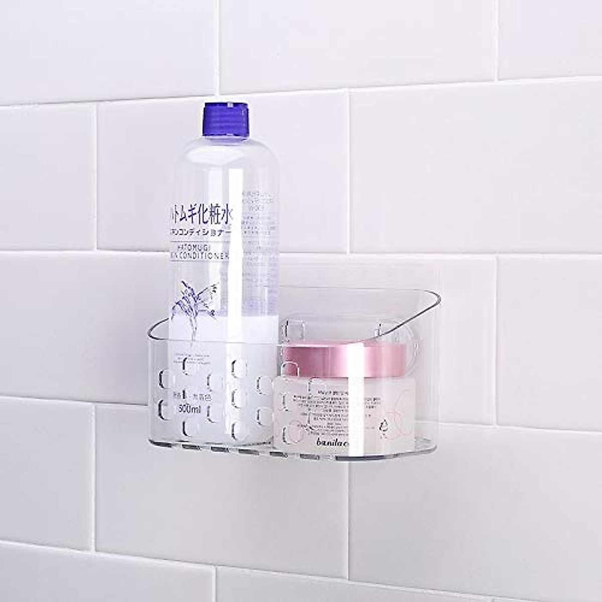 BKDFD Shower Shelf, Clear Bathroom Plastic no Drilling Wall Hanging Organizer Storage Shelves with Strong Suction Cup