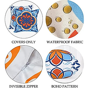 Tlovudori Outdoor Waterproof Throw Pillow Covers Set of 4 Ethnic Floral Printed and Boho Geometry Farmhouse Outdoor Pillow Covers for Patio Furniture Garden 18x18 Inch Blue Orange (18X18Inch, EF-Boho)