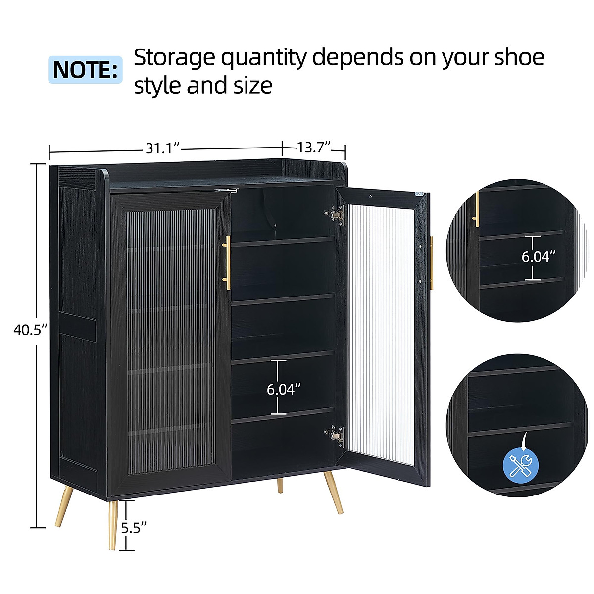 IDEALHOUSE Shoe Cabinet with Glass Doors, 5-Tier Entryway Shoe Organizer Storage Rack with Large Capacity and Adjustable Shelves for Hallway, Living Room, Black