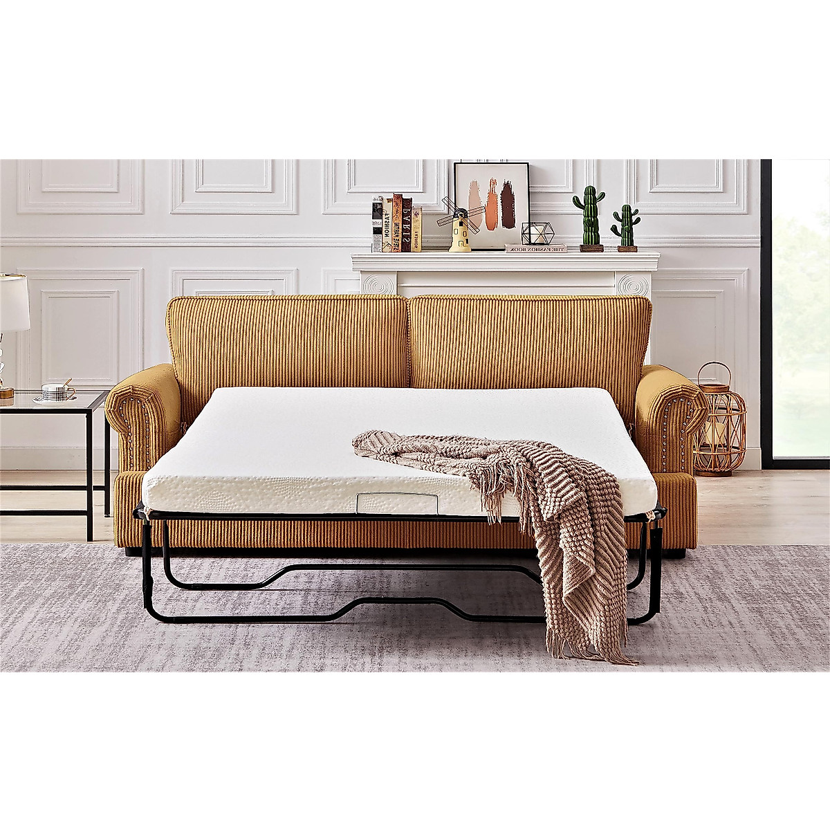 Container Furniture Direct Reversible Sleeper Sofa with Memory Foam Mattress, Comfortable and Durable Full Size Bed Couch for Living Rooms, Upholstered with Corduroy Fabric, 70" Wide, Ginger