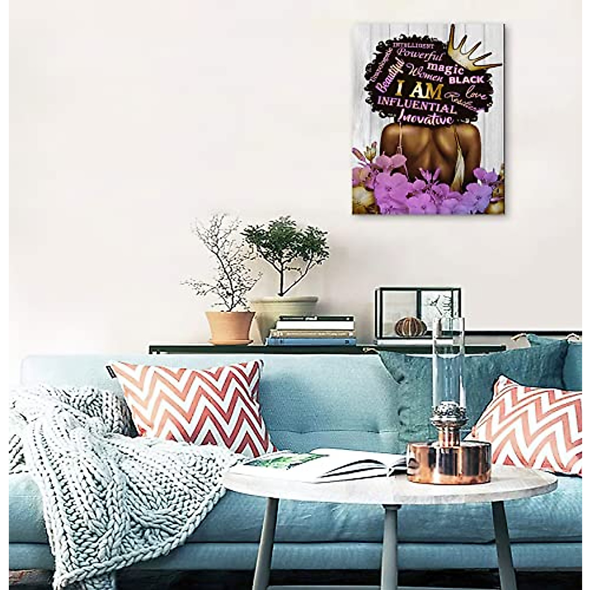 Black Queen Wall Art African American Canvas Wall Art Black Women Purple Flowers Inspiritional Quotes Poster Abstract Contemporary Canvas Prints Painting for Living Room Bathroom Bedroom Decor Home Decorations, 16x24 inches, No Frame