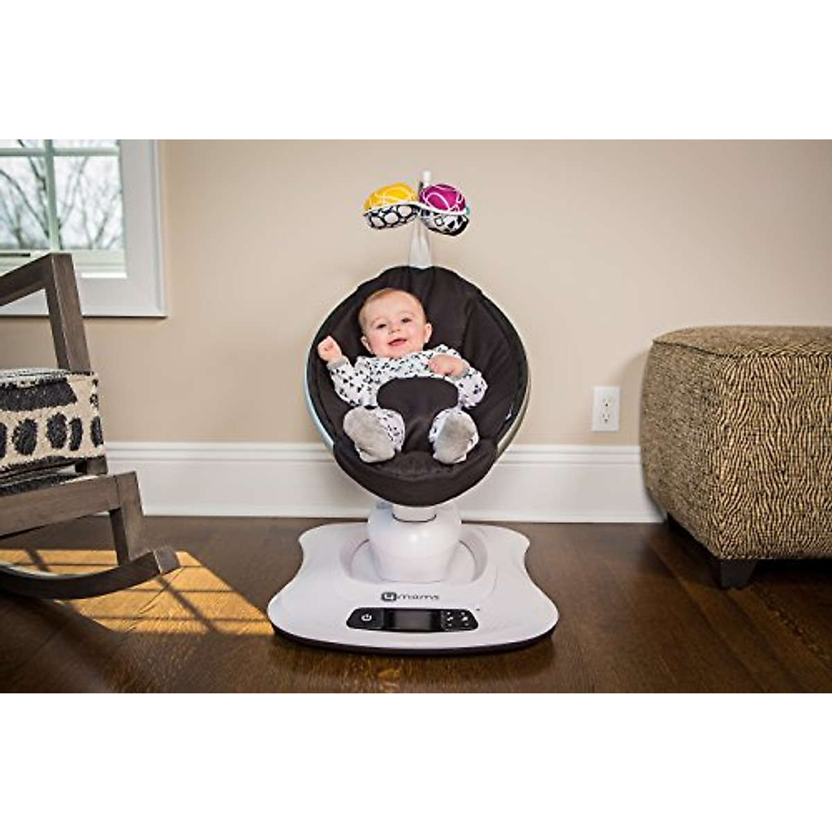 4moms mamaRoo 4 Multi-Motion Baby Swing + Safety Strap Fastener, Bluetooth Baby Swing with 5 Unique Motions, Nylon Fabric, Black
