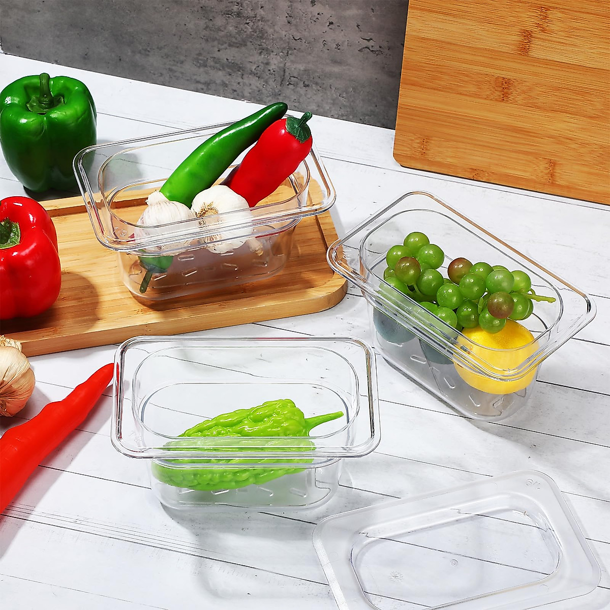 Sunnyray 6 Set 1/9 Size Polycarbonate Food Pans with Lids and Drain Shelf Deep Square Food Storage Containers for Kitchen Restaurant Fruit Vegetable Storage