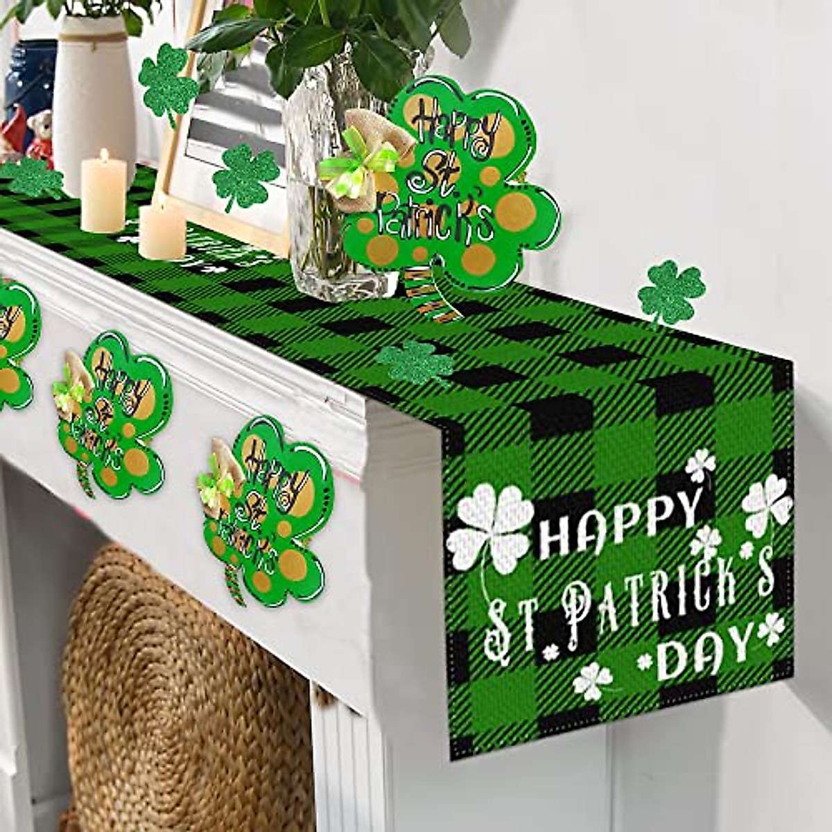 St Patricks Table Runner, Cozy Zestie Spring Green Shamrock Burlap Table Runners Holiday Day Decoration Kitchen Dining Buffalo Plaid Lucky Clover Table Runners for Home Party Decor 13 x 72 Inch