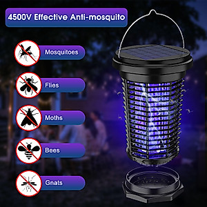 Solar Bug Zapper for Outdoor & Indoor, USB Rechargeable Mosquito Killer Lamp with UV Light, 4500V Electric Fly Traps, 5.5W Insect Zapper for Patio, Home, Backyard, Garden, Camping