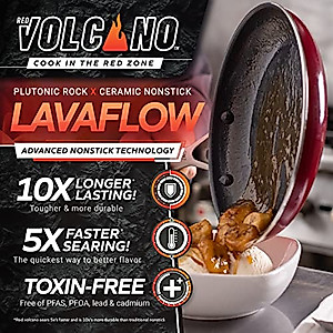 Red Volcano Textured Ceramic Nonstick, 12 Piece Cookware Pots and Pans Set with Stainless Steel Handles, PFAS PFOA & PTFE Free, Dishwasher Safe, Oven & Broiler Safe to 600 Degrees, Red