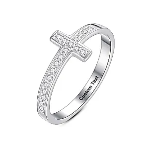 Cross Rings for Women Purity Ring Sterling Silver Thumb Dainty Simple Mothers Day Mother Daughter Christian Jewelry Personalized Engraved Custom Name Rose Gold Band CZ Cubic Zirconia