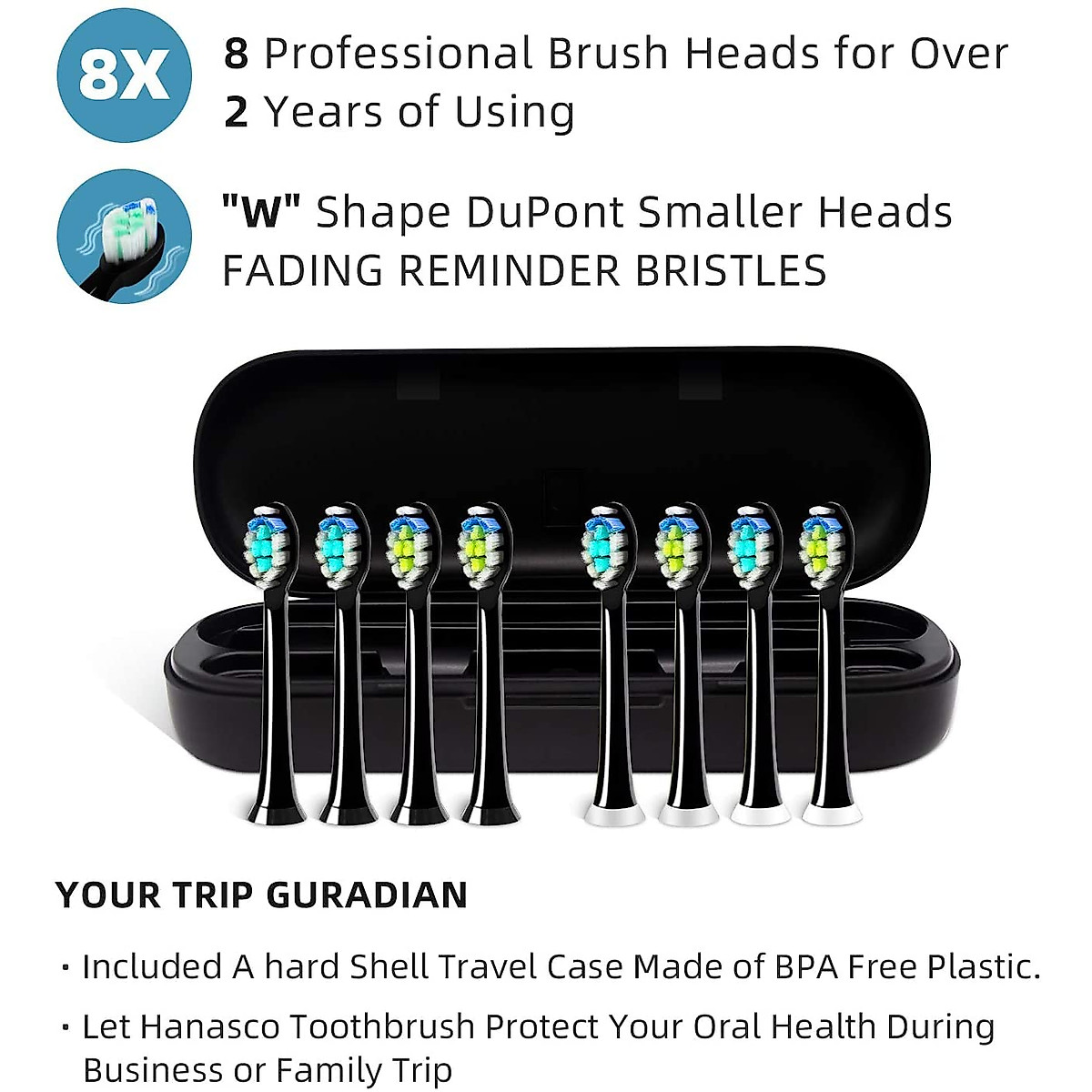 Hanasco Sonic Electric Toothbrush for Adults, 4 Modes with 2 Minute Timer, 8 Brush Heads Included, Whitening Clean 4 Hours Charge for 100 Days Use, Soft Bristles, 38,000 VPM Black