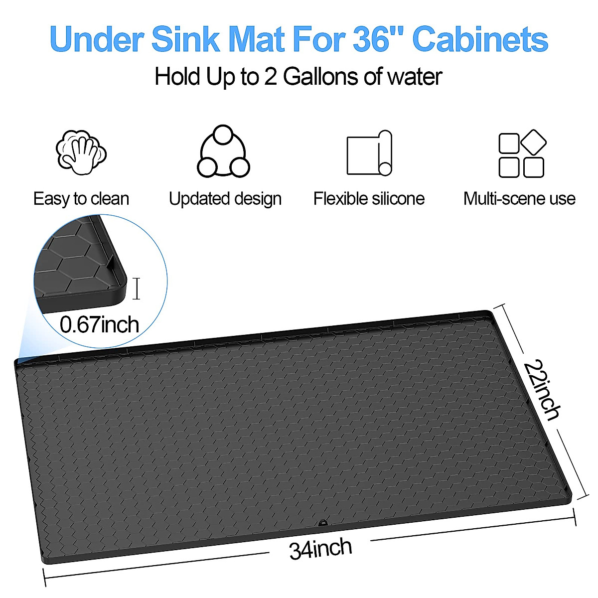 HolaDream Under Sink Mat 34”x22” Kitchen Waterproof Silicone Cabinet Mat Liner Drip Tray with Drain Hole Design for Bathroom and Laundry, Black