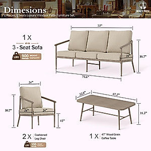 HERA'S HOUSE Patio Furniture Set, 2 x Cushioned Leg Chair, 3-Seat Sofa with Wood Grain Coffee Table, 5 Seats Luxury Windsor Style All Weahter Outdoor Sofa Conversation Set for Deck Lawn Backyard