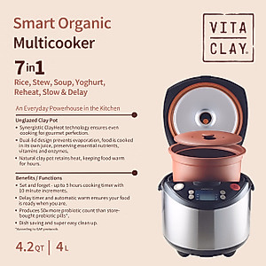 VitaClay Smart Organic Clay Pot Multi Cooker - Toxin Free Clay Rice Cooker, Delay Start Slow Cooker, Stew Cooker, Electric Soup Pot, Yogurt Maker, with Natural Earthen Clay Crock, 8 Cup / 4.2-Quart