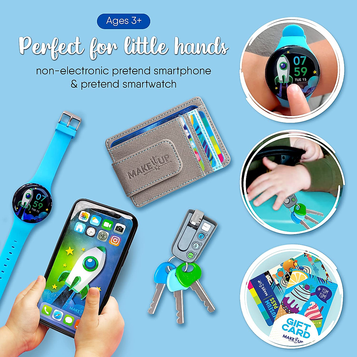 Realistic Toddler Pretend Play Toys I Toddler Toys for Girls & Boys Fake Money, Toddler Wallet Toy, Non Electronic Kids Play Phone & Smartwatch I Kids Pretend Play Birthday Gift for Age 2 & Up