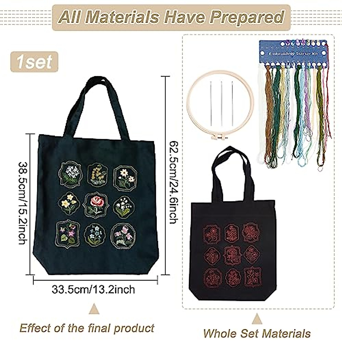 WADORN DIY Canvas Tote Bag Embroidery Kit, Flower Pattern Canvas Bag Materials Making Set DIY Embroidery Bag Cross Stitch Kits Personalized Canvas Bag Kits Include Hoops Needles for Adults, Black 1