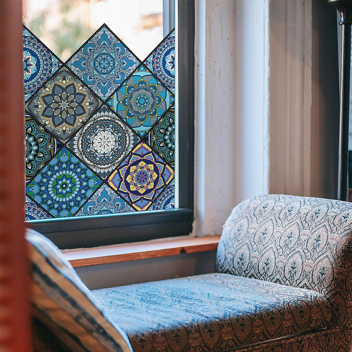 DKTIE Window Privacy Film with Installation Tools Frosted Glass Static Clings Non Adhesive, Stained Glass Window Film Art Deco, Window Decals, Window Sticker (B110, 17.7" x 78.7")