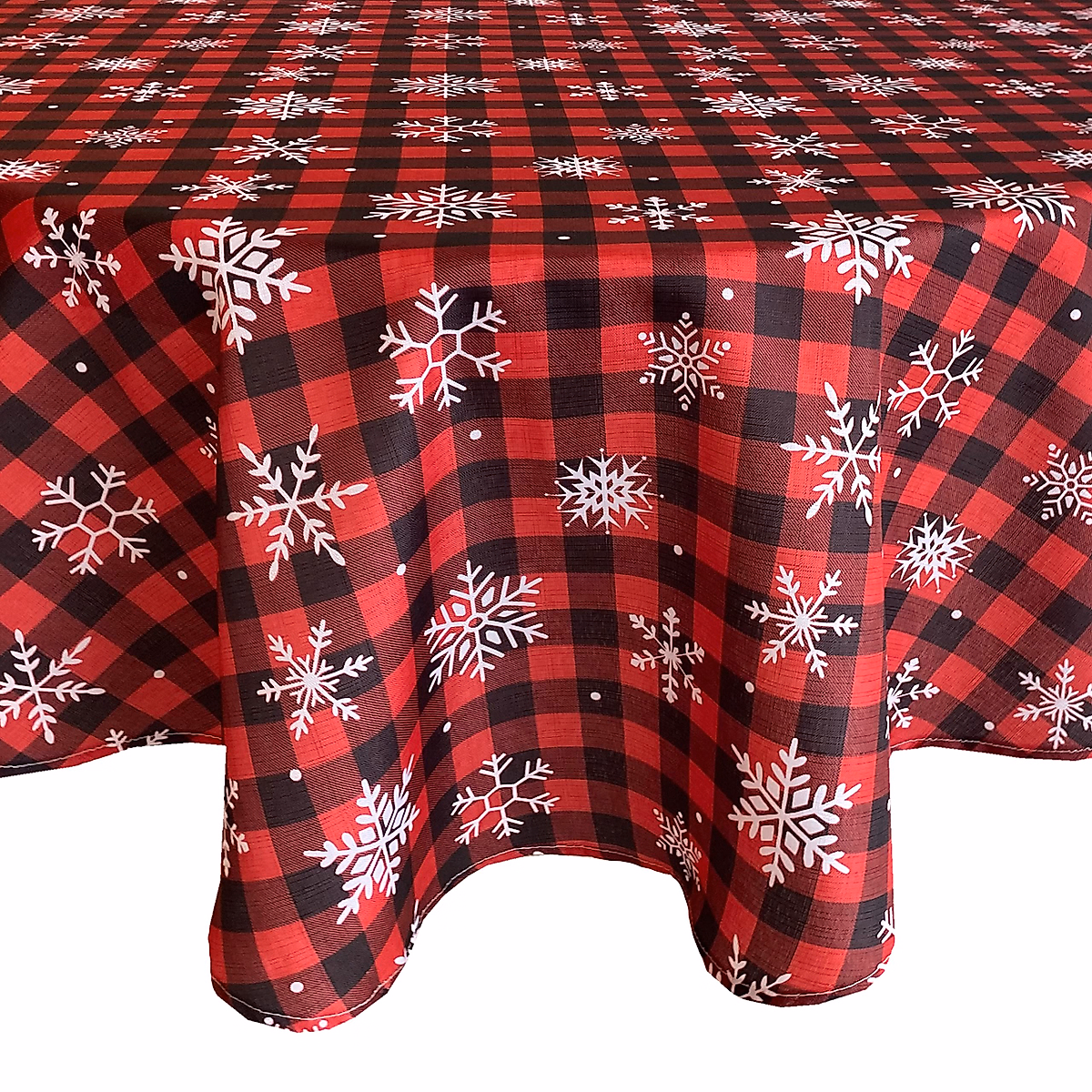 Lintex Red/Black Snowflake Plaid Festive Christmas Fabric Tablecloth, Red, Black and White Plaid Country Rustic Xmas Holiday Tablecloth, 70” Round