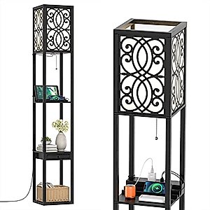 Tangkula Floor Lamp with Shelves and Drawer, Modern Shelf Floor Lamp with 1 Power Outlet and 2 USB Ports, Standing Floor Lamp for Living Room and Bedroom, Black (Carved)