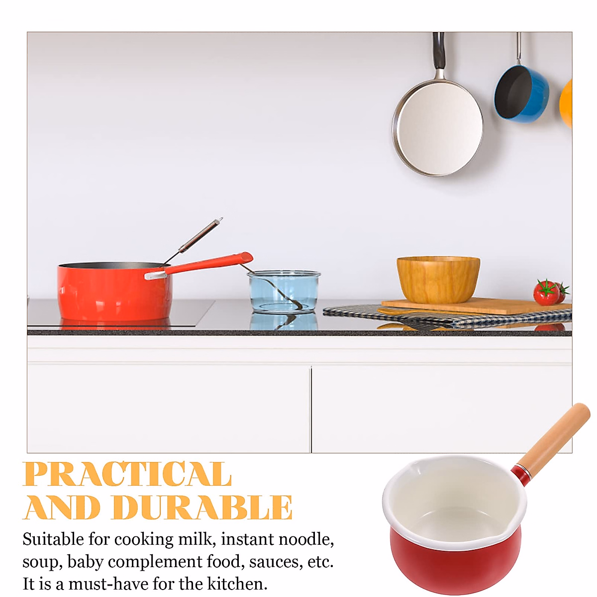 Kichvoe Stew Pot Enamel Milk Pot Wood Baby Multifunction Cooking Spoon Small Cookware