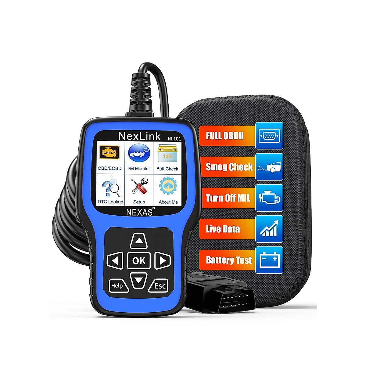 NEXAS NL101 OBD2 Scanner Diagnostic Tool & Battery Tester, Check Car Engine Light Code Reader Scan Tool with Full OBDII Function Live Data Stream for All Vehicles, Free Protective Case & Update