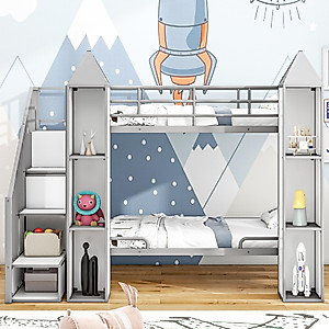 Favfurish Twin Over Twin Castle-Shaped Bunk Bed with Wardrobe,Open Storage cabinets,a Storage Staircase and guardrails,Metal Stairway BunkBed for Kids Boys/Girls/Teens,Gray+White