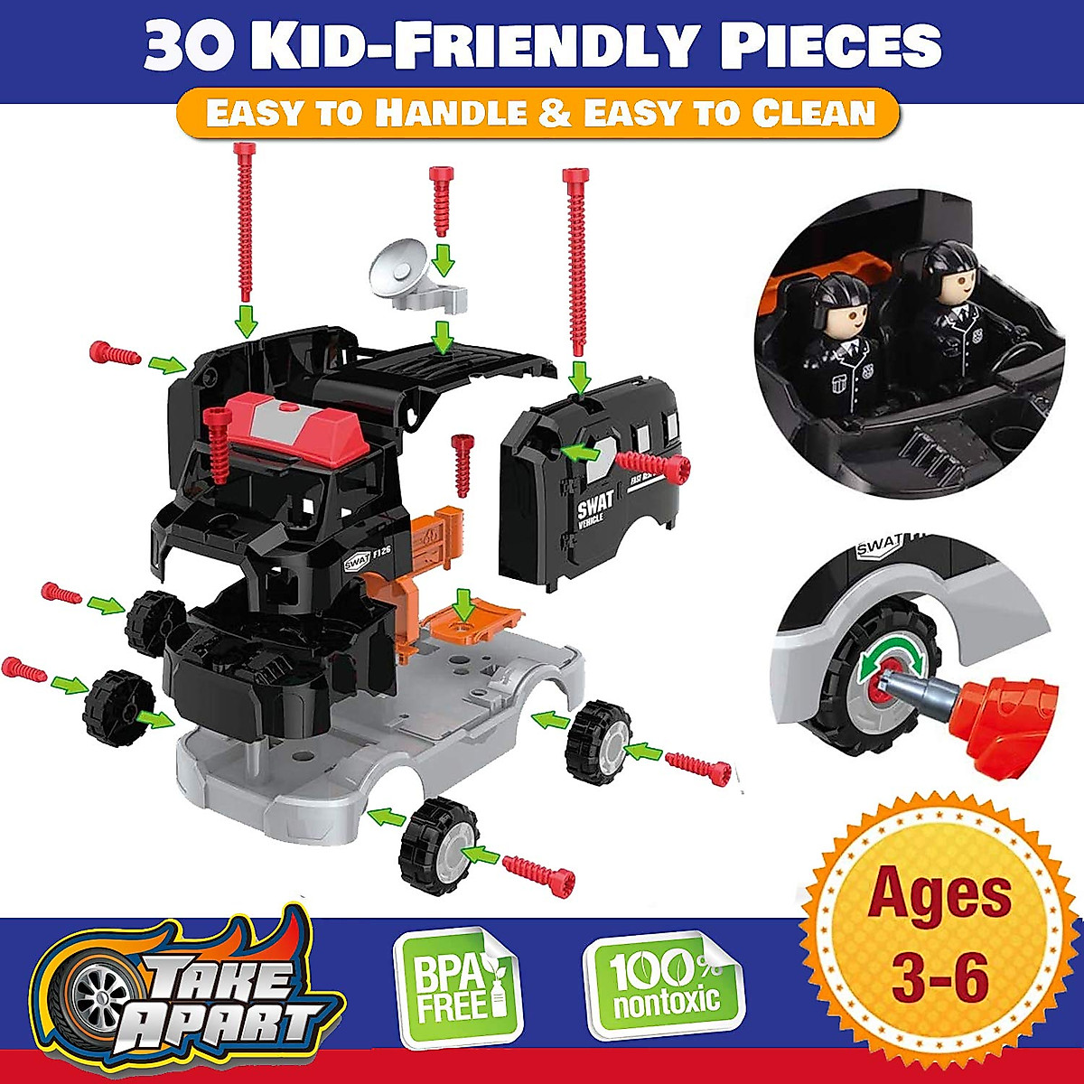 Liberty Imports Take Apart Toy Set, Build Your Own Vehicle with Drill, Sounds & Lights, Buildable STEM Learning Construction Kit for Toddlers, Kids, Boys (SWAT Truck)