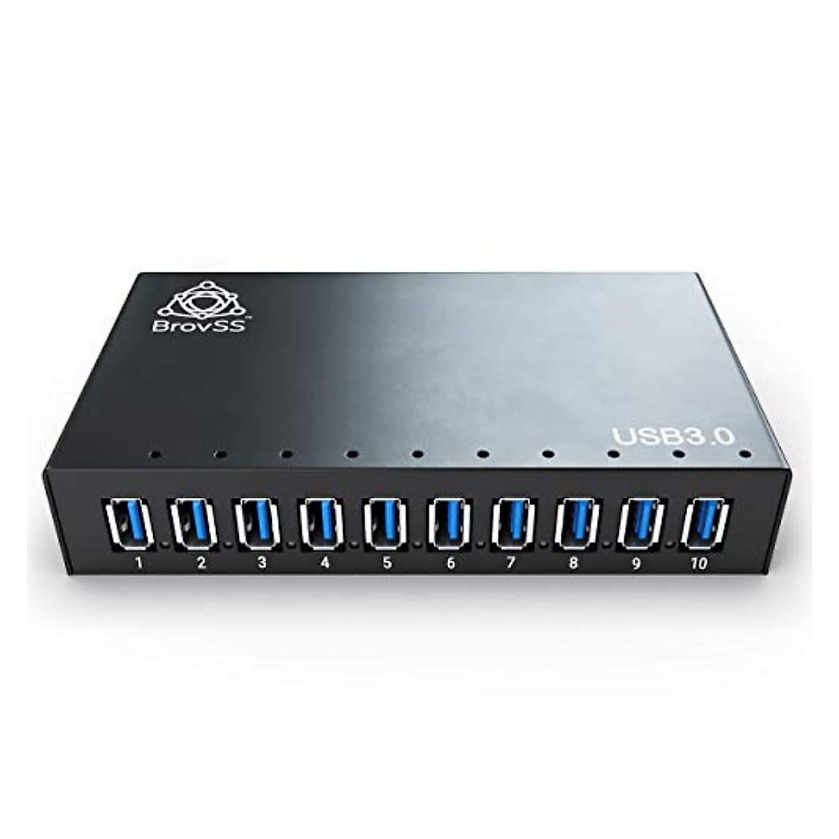 BrovSS: 10 Port Powered USB 3.0 Hub Aluminum - USB Hub Charger - Multiple Port Splitter Hub with 12V 5A 60W Power Adapter with USB Cable for Apple, Laptop, PC, USB Flash Drives, HDD Hard Drive (Black)