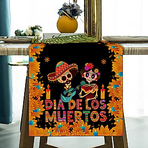Mexican Day of The Dead Table Runner Mexico Dia De Los Muertos Sugar Skull Table Cover Dining Room Kitchen Home Indoor Outdoor Holiday Party Table Decoration (13" x 72")